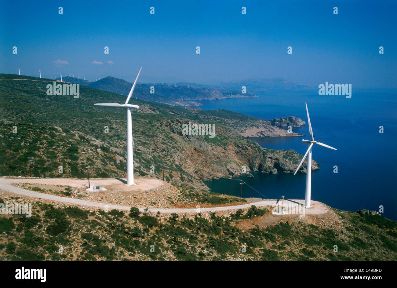Aerial photograph of the wind turbines of the Greek island of Evia ...
