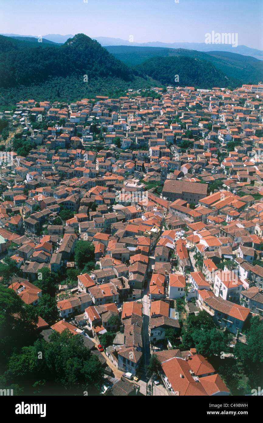 Aerial photograph of the Greek village of Agiasos on the island of ...