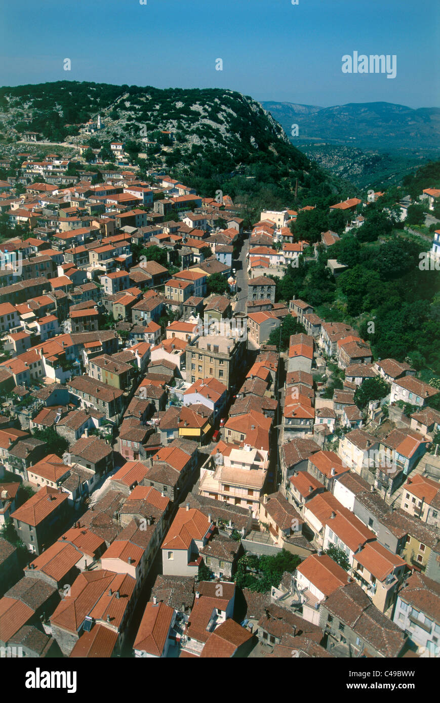 Aerial photograph of the Greek village of Agiasos on the island of ...