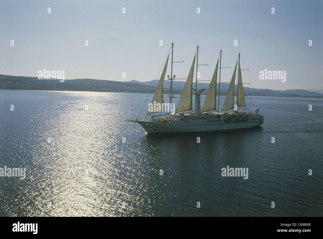 Aerial photograph of a sailing ship in the Mediterranean sea near the ...
