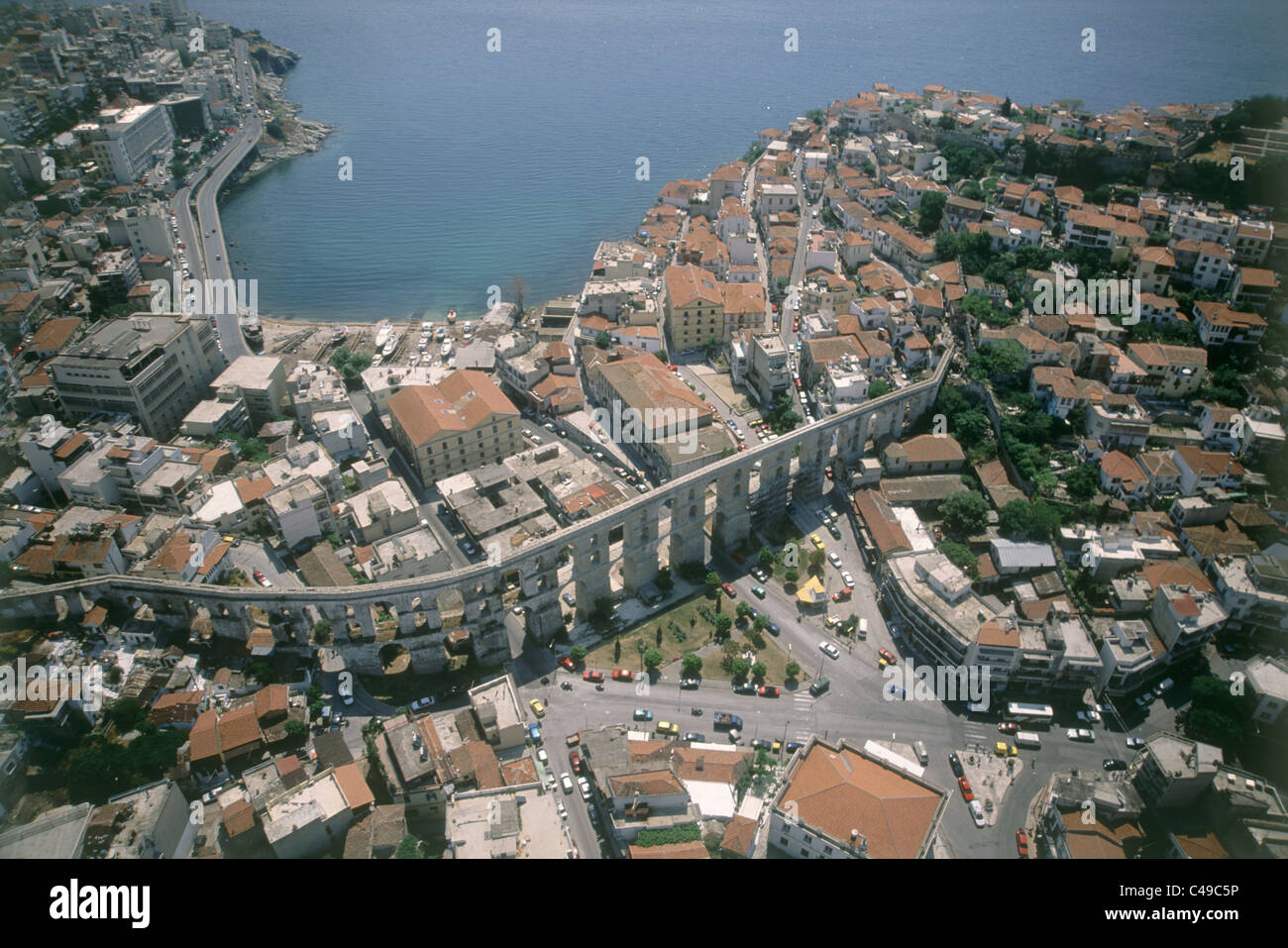 Aerial photograph of an ancient aqueduct in the Greek city of Kavala ...