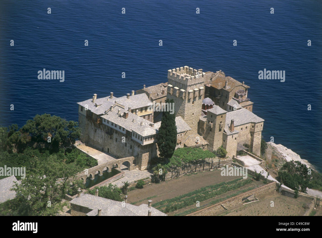 Aerial photograph of a Greek monastery on the slopes of mount Athos ...