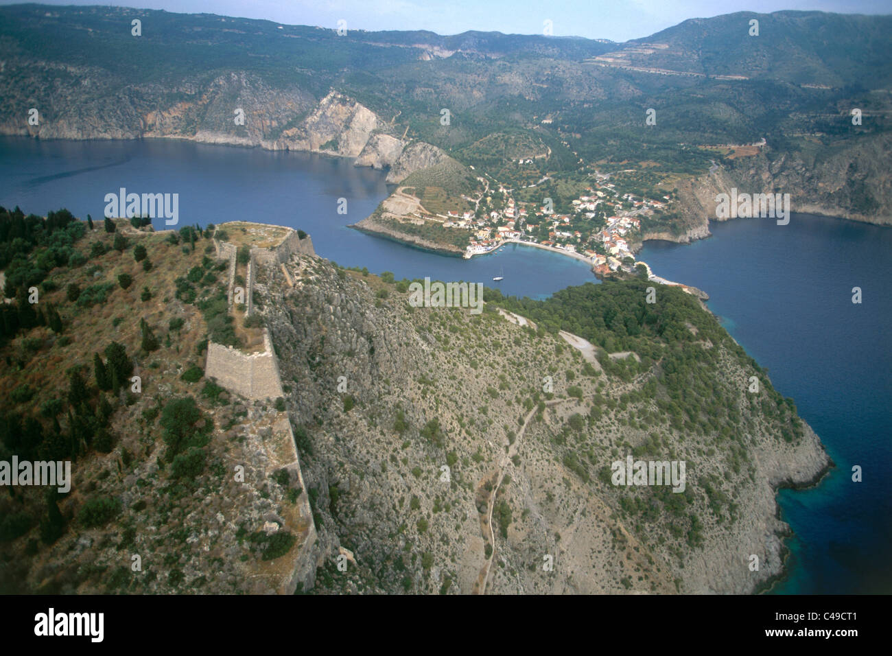 Aerial photograph of the twon of Assos on the Greek island of Kefalonia ...