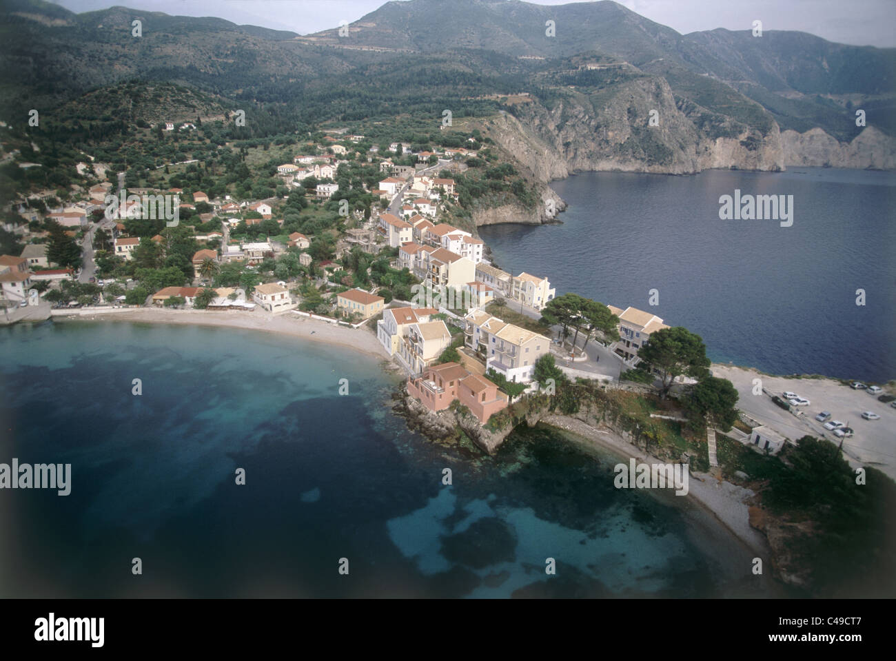 Aerial photograph of the twon of Assos on the Greek island of Kefalonia ...