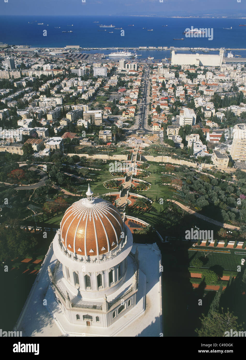 Aerial image of the Bahai temple and Gardens toward the Haifa bay Stock ...