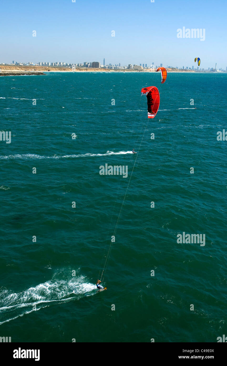 Aerial photograph of wind kiting in the Mediteranean sea Stock Photo ...