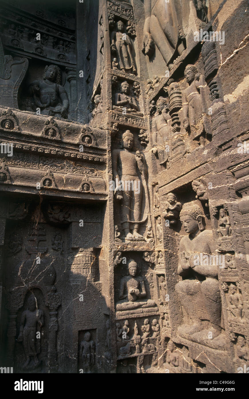Photograph of a stone tablet in a temple in the Ajanta caves in India ...