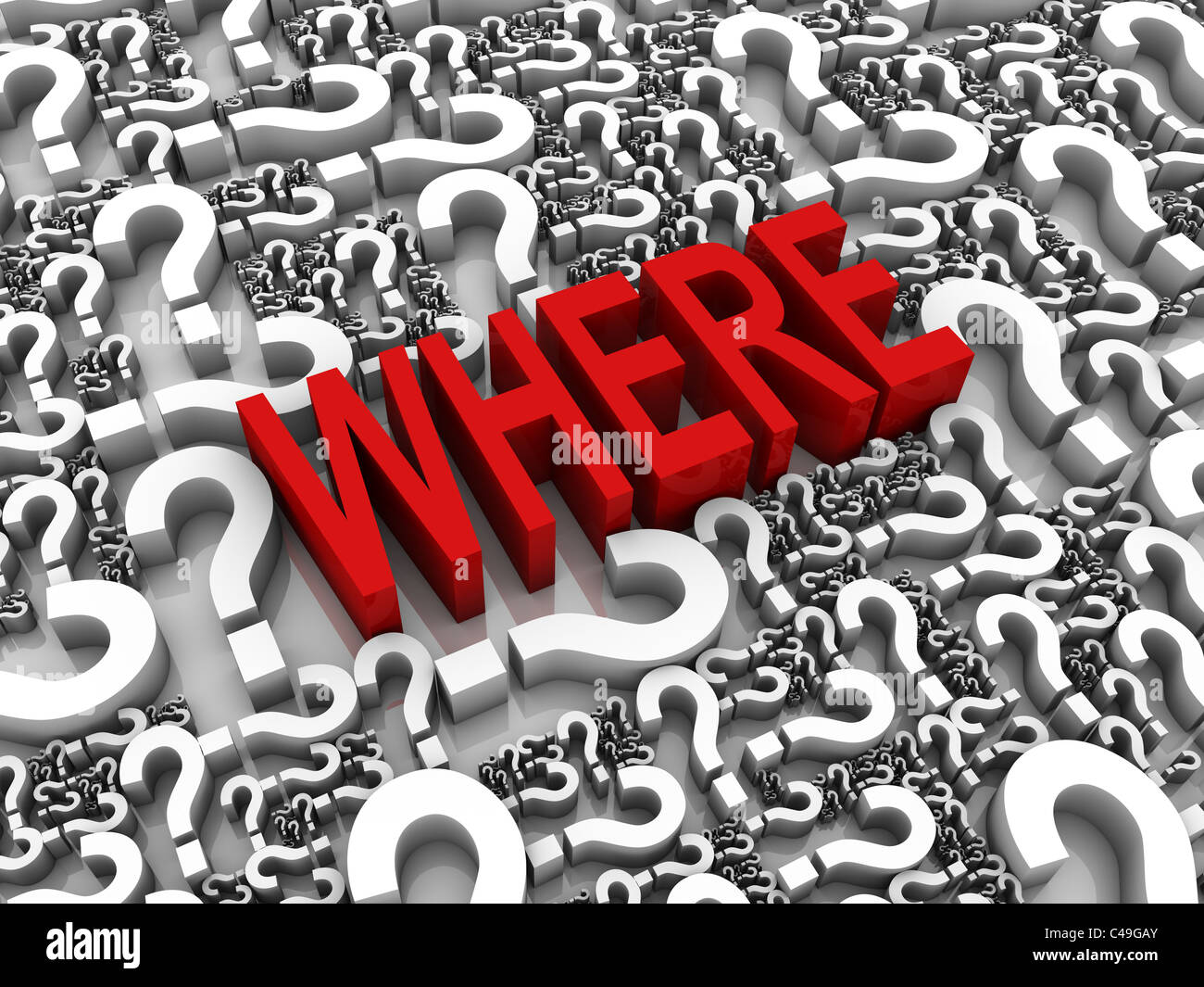 "WHERE" 3D text surrounded by question marks. Part of a series Stock ...
