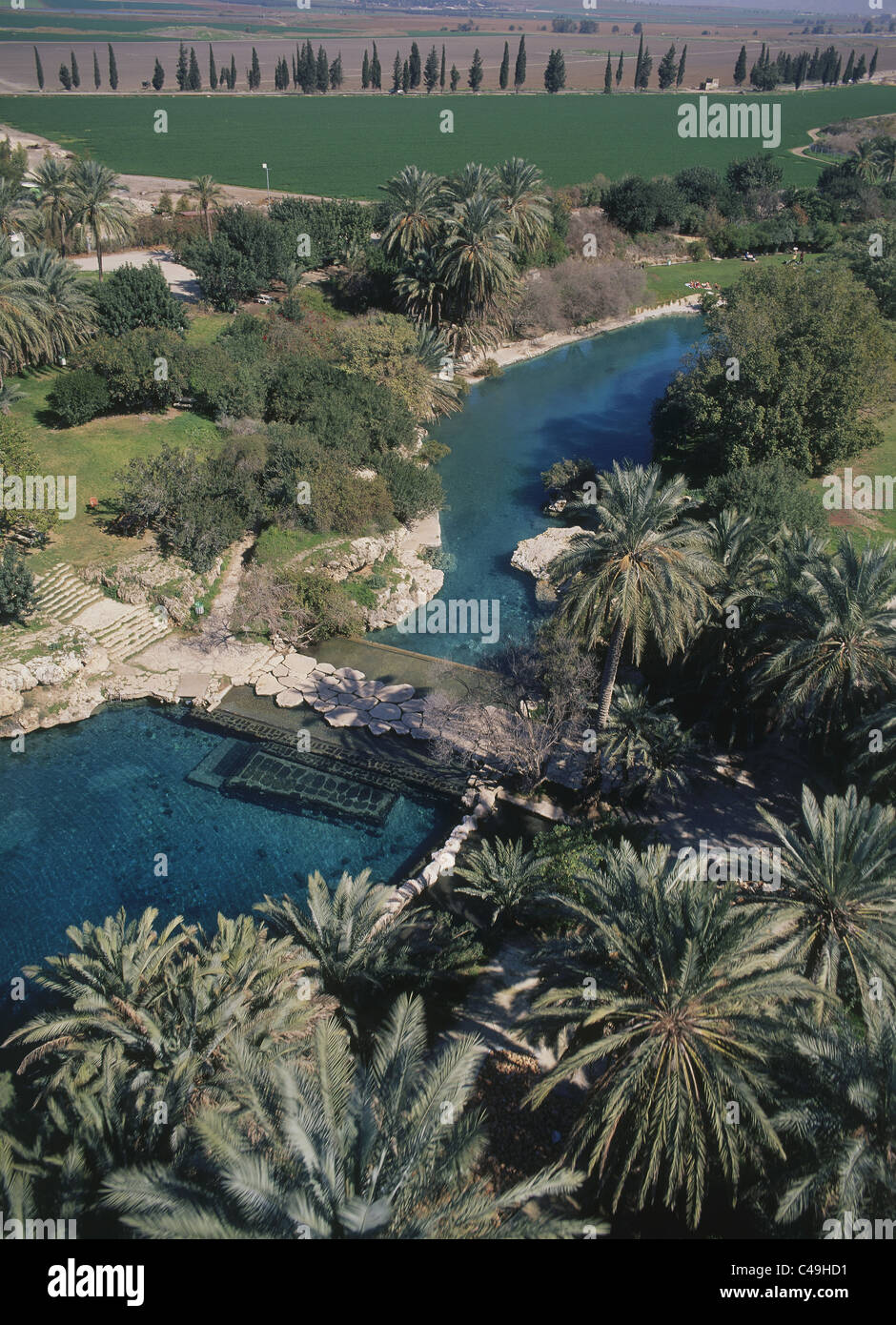 Aerial photograph of the ponds of Gan Hashlosha in the Jezreel valley ...
