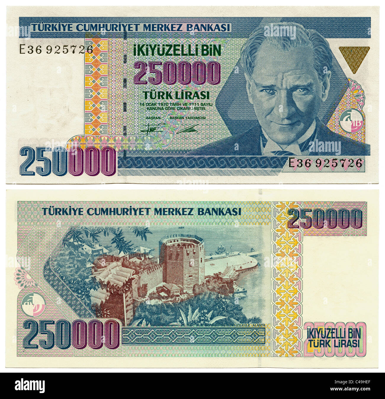 Front and back of 250,000 (ikiyuzelli bin) Turkish Lirasi or two ...