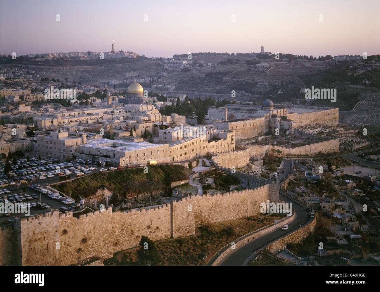 Aerial photograph of the old city of Jerusalem at sunset Stock Photo ...