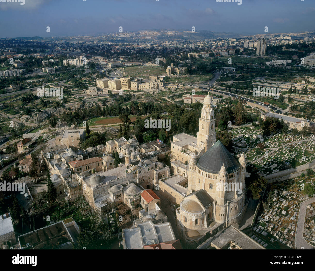 Aerial photograph of the Dormition Abbey on mount Zion in the old city ...