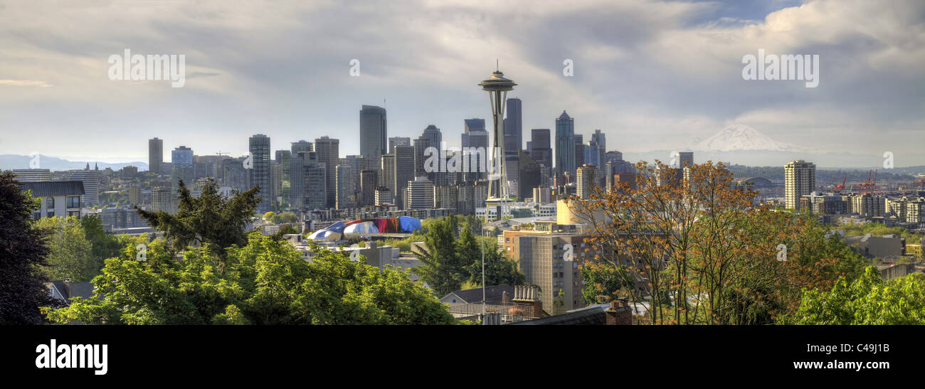 Downtown Seattle Washington Skyline with Mount Rainier Panorama Stock ...