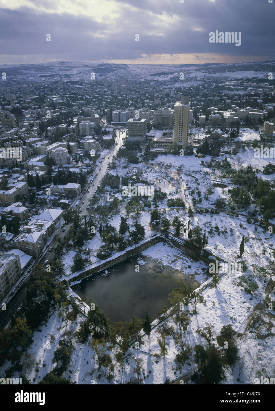 Aerial photograph of the Mamilla pool and the Independence Park in the ...