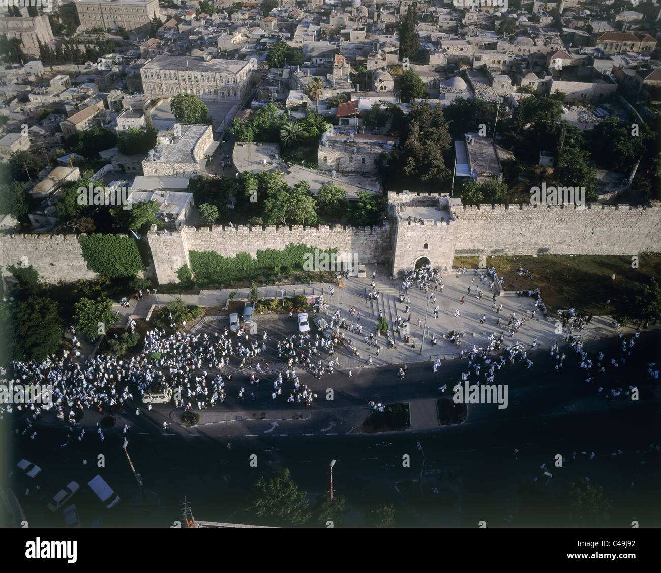 Aerial photograph of Jerusalem Day parade near Herod's gate in the old ...