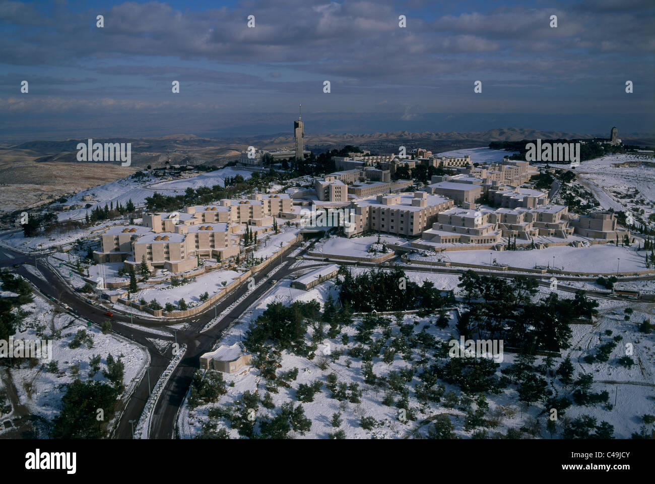 Aerial photograph of the Hebrew University on mount Scopus at winter ...