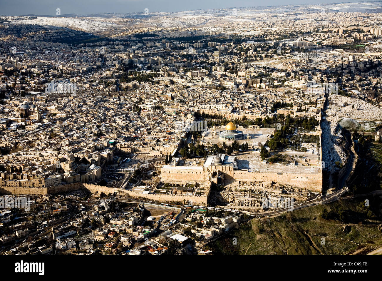 Aerial photograph of the old city of Jerusalem after snow storm Stock ...