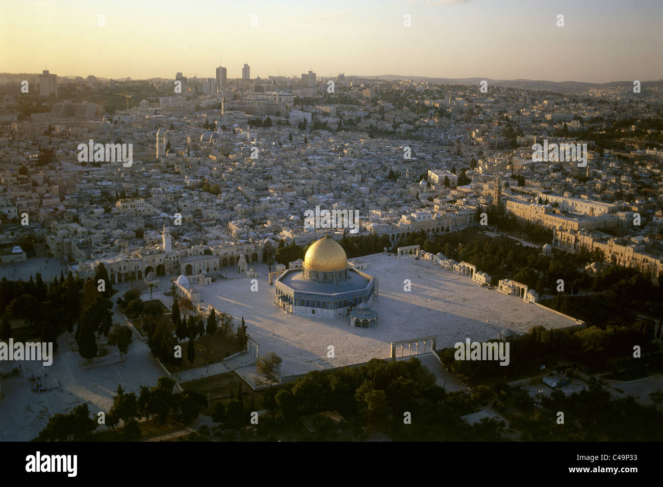 Aerial photograph of the Al Akza Mosque in the old city of Jerusalem ...