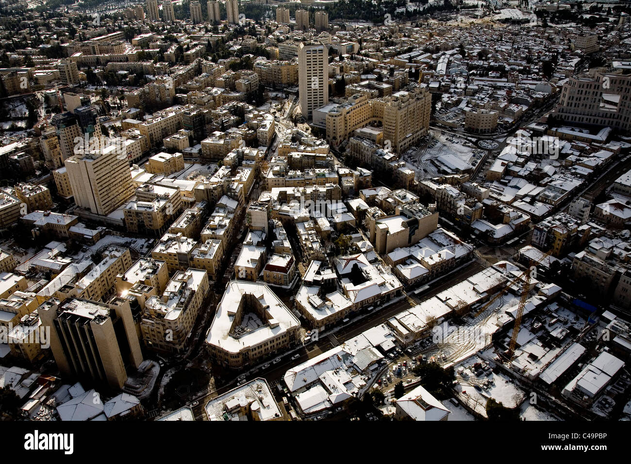 Aerial photograph of the Zion square in western Jerusalem after snow ...