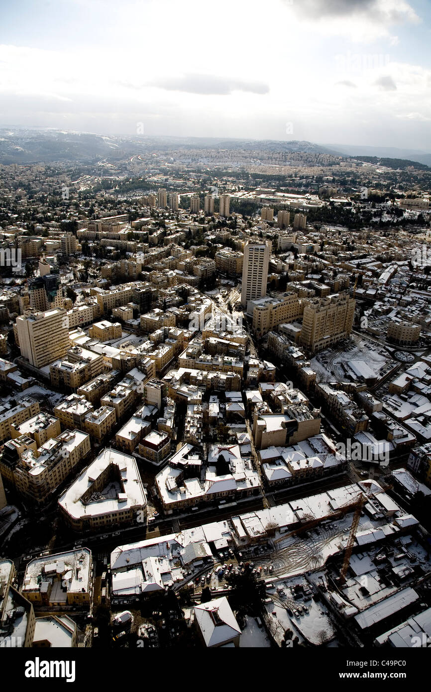 Aerial photograph of the Zion square in western Jerusalem after snow ...