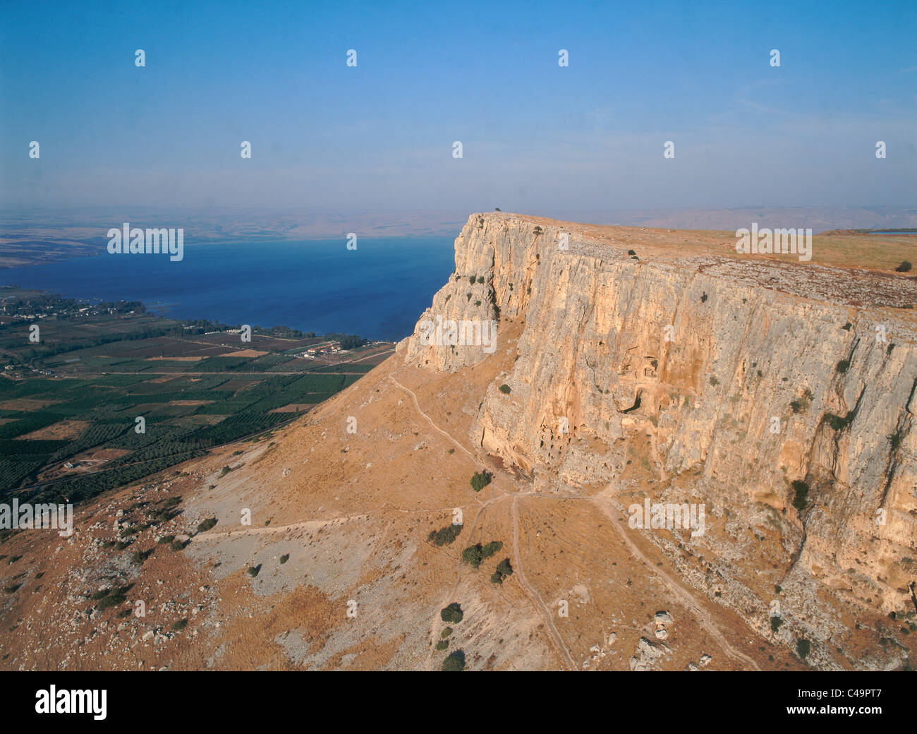 Aerial photograph of the Arbel cliff near the Sea of Galilee Stock ...