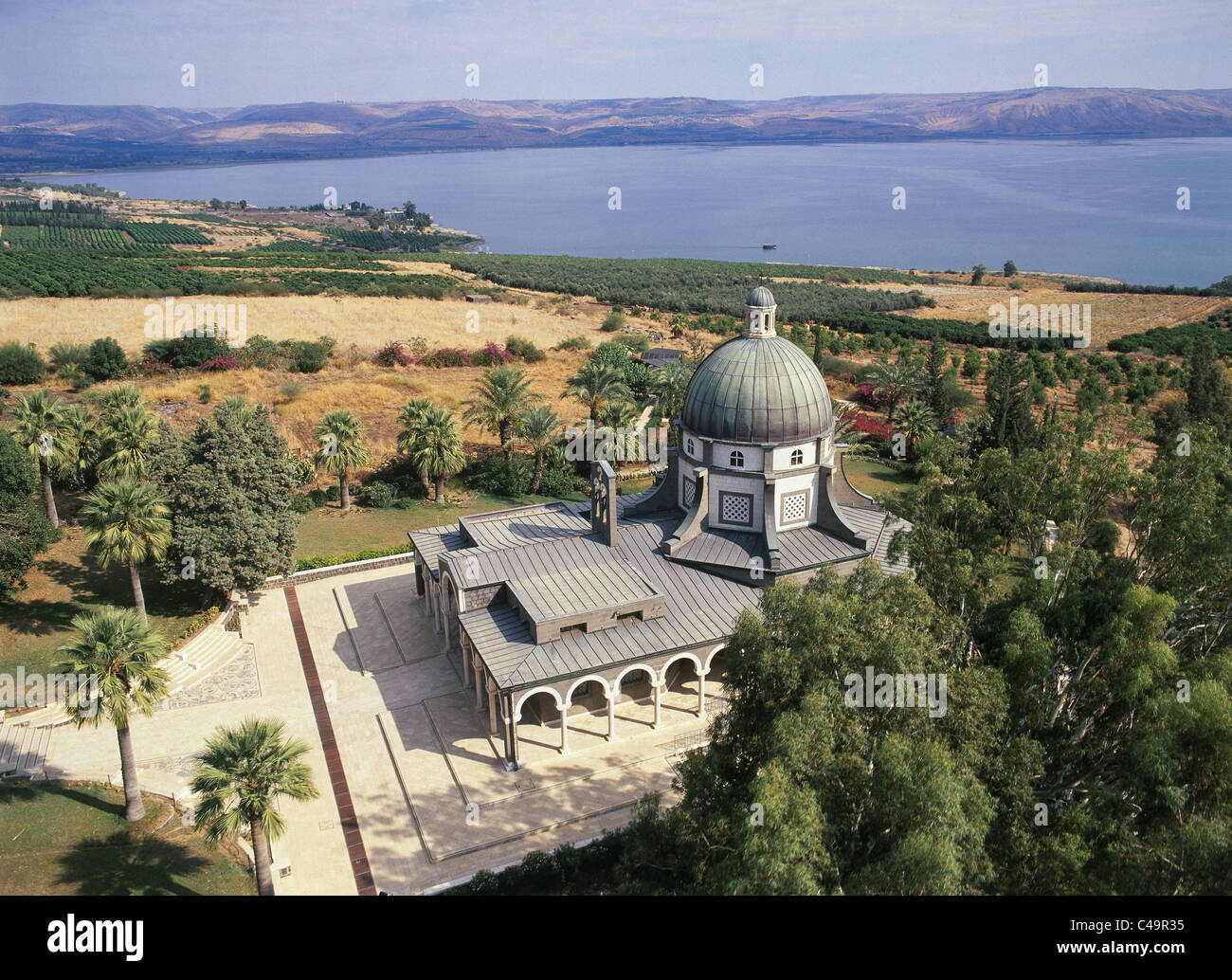 Aerial photograph of the mount of the Beatitudes near the Sea of ...