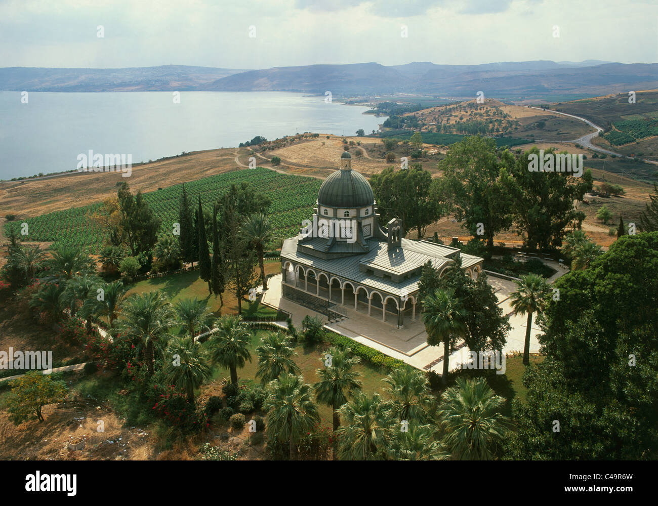 Aerial photograph of the mount of the Beatitudes near the Sea of ...