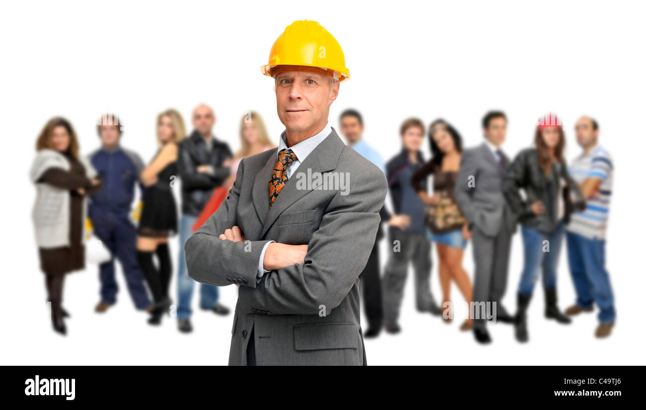 Engineer with crowd or group of different people isolated in white ...