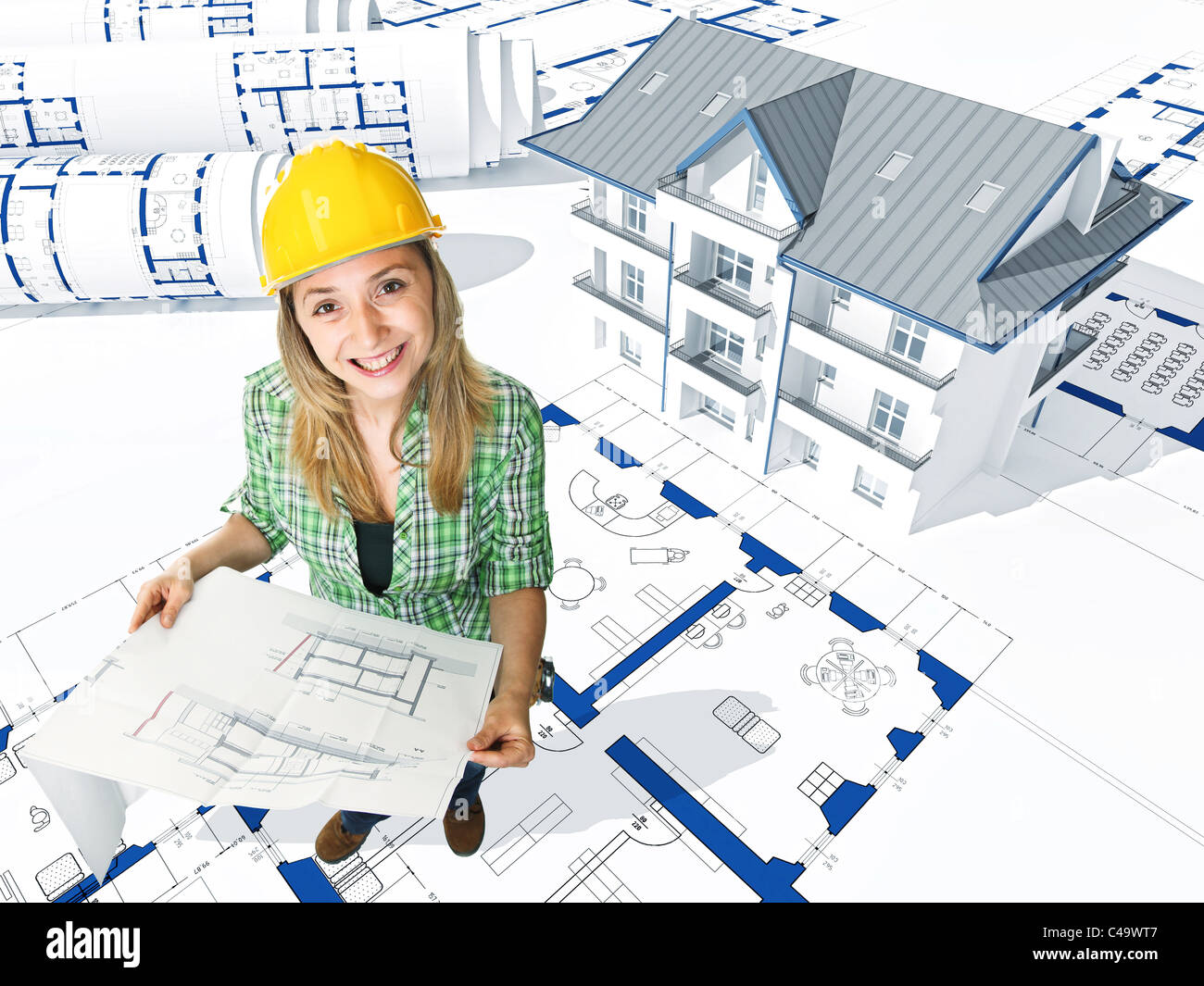 smiling engineer with blue print and 3d house background Stock Photo ...