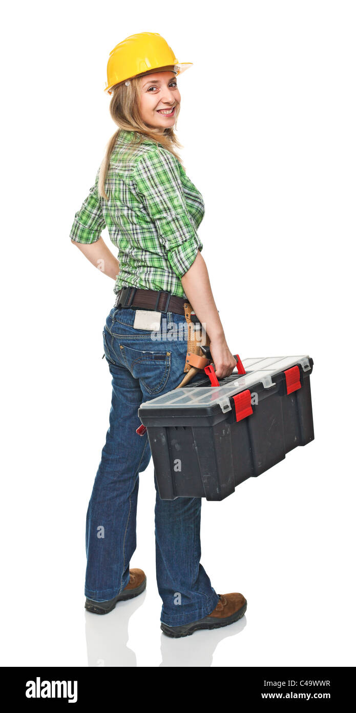 standing woman manual worker with toolbox isolated on white background ...