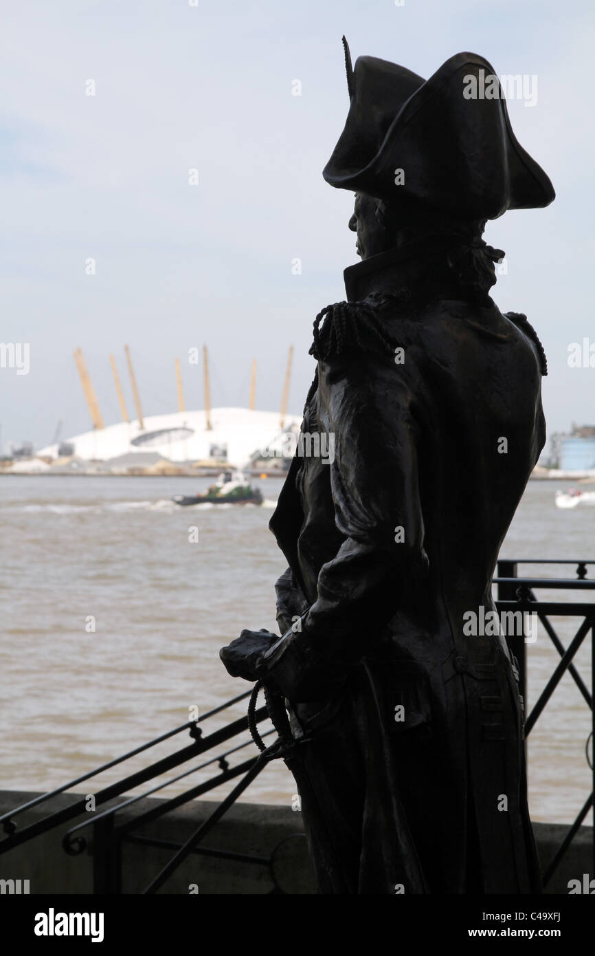 ADMIRAL NELSON STATUE BY THAMES IN Greenwich WITH MILLENNIUM DOME IN ...