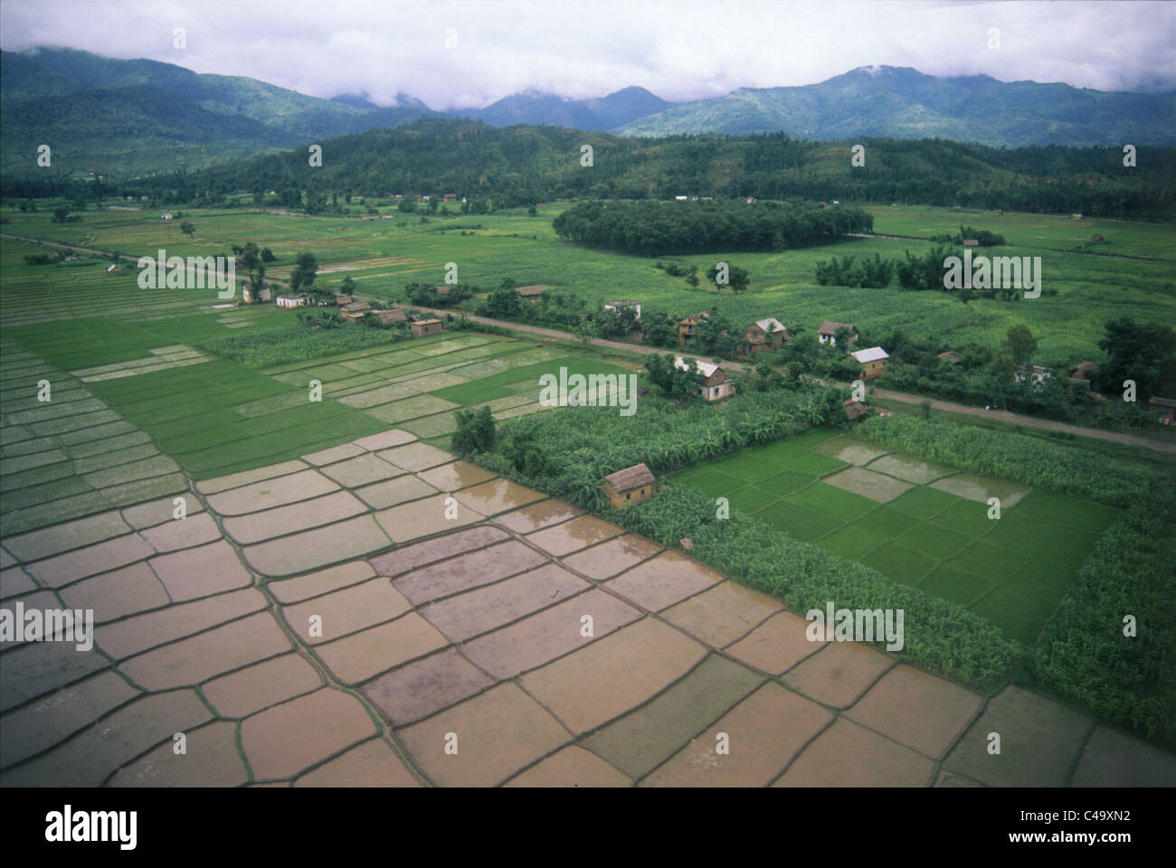 Aerial view of the rice fields in a small village in Tibet Stock Photo ...