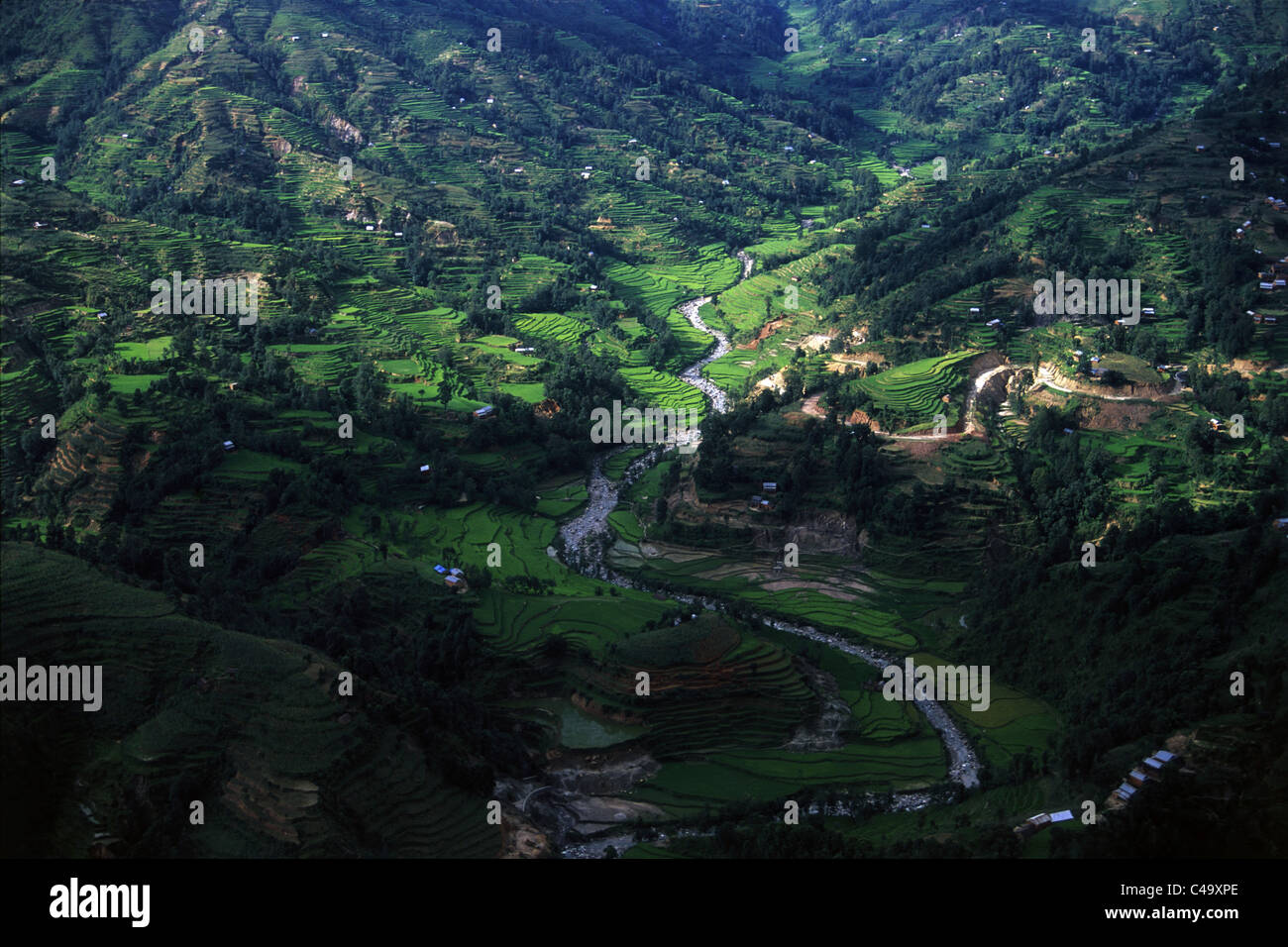 Aerial view of a small village on the mountains of Tibet Stock Photo ...