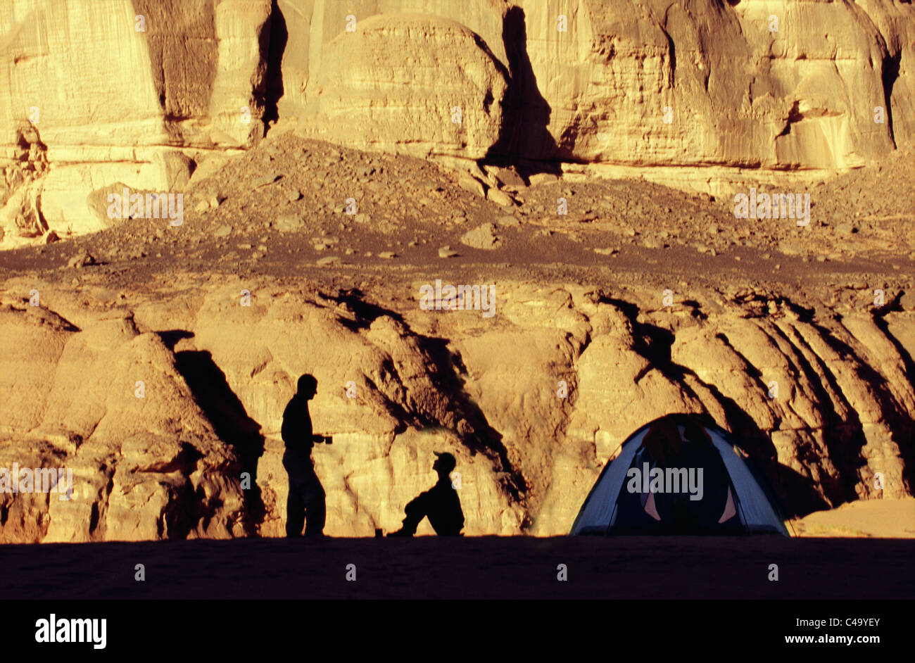 Libya, Fezzan region near Ghat. Akakus (Acacus) National Park. Tourists ...