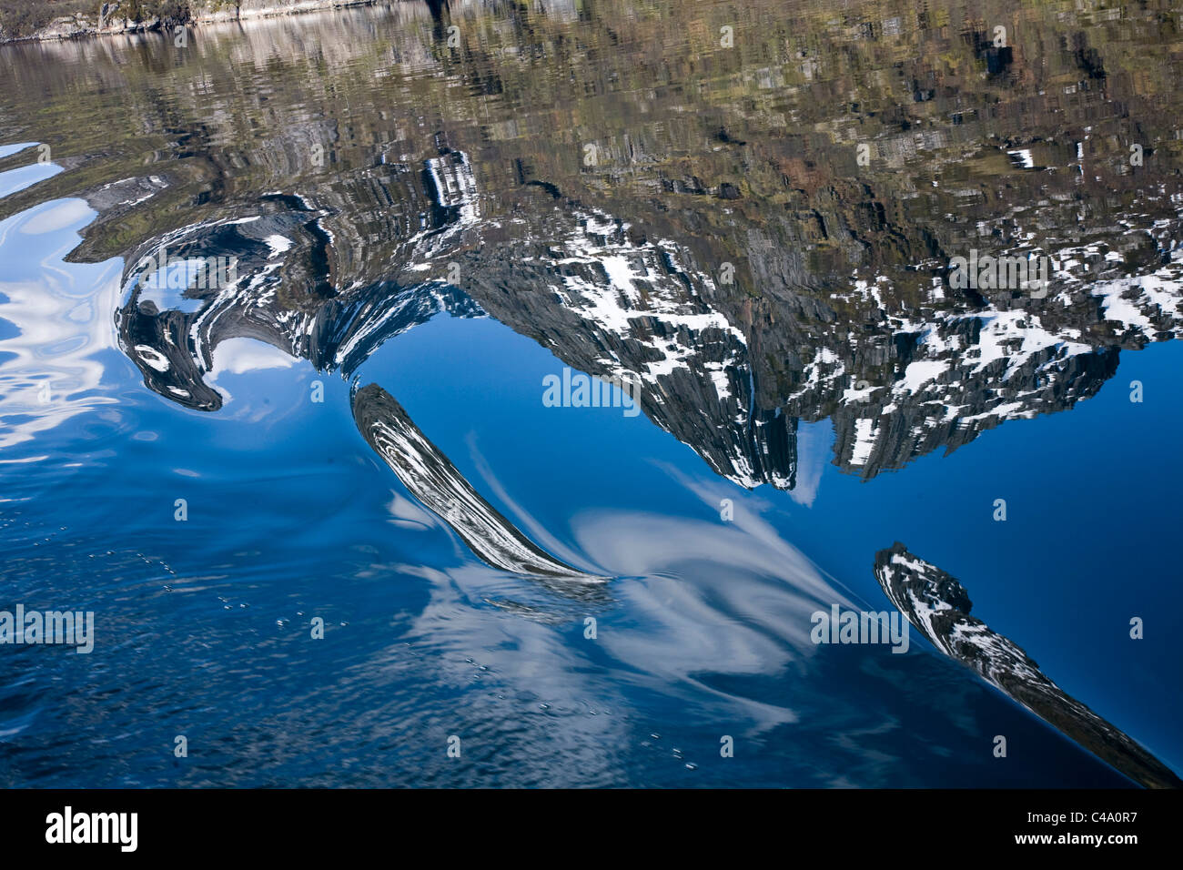 Abstract view of the distorted image of the reflecting Norwegian sky ...