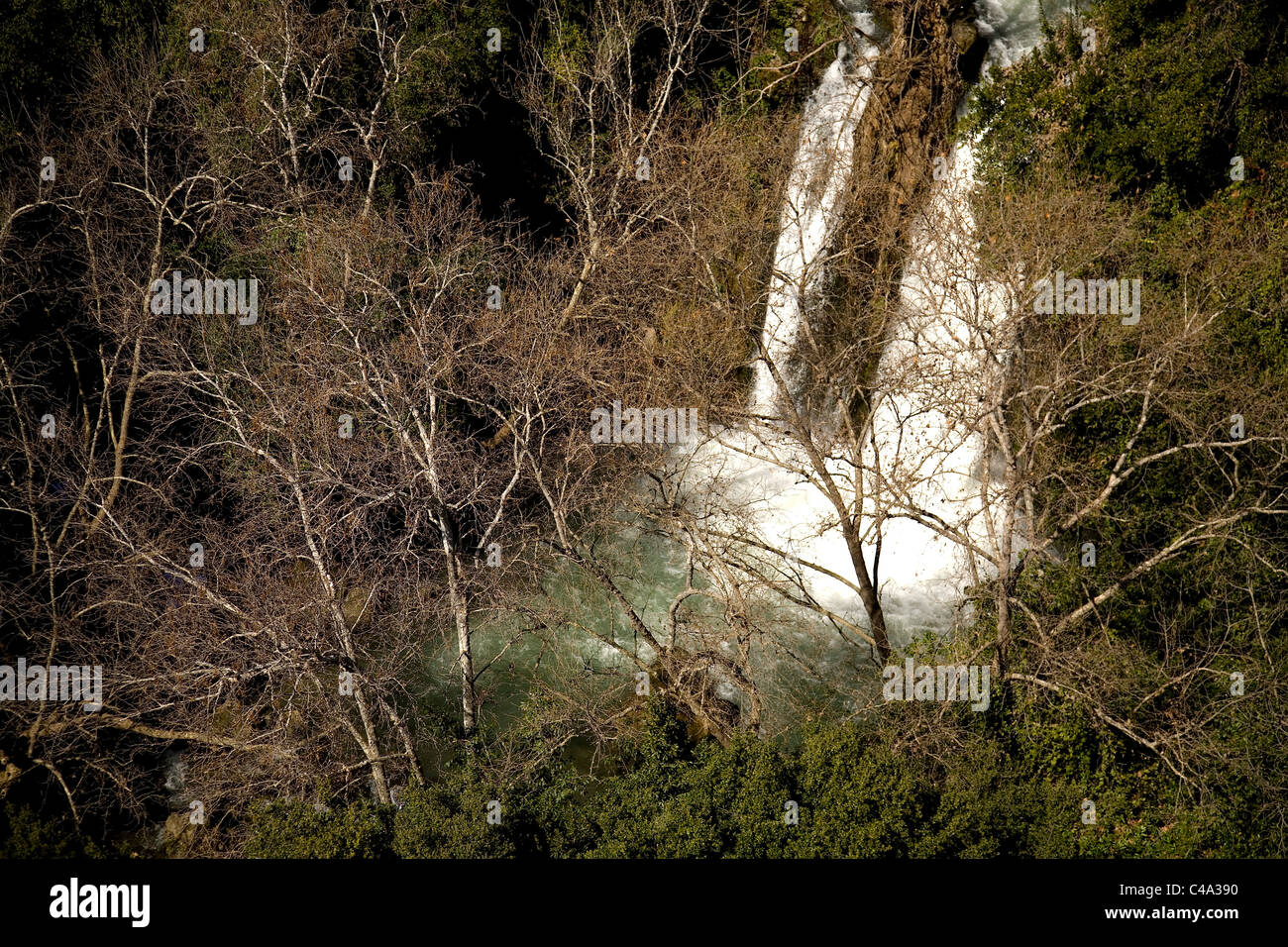 Aerial photograph of the Banias waterfall in the northern Golan Heights ...