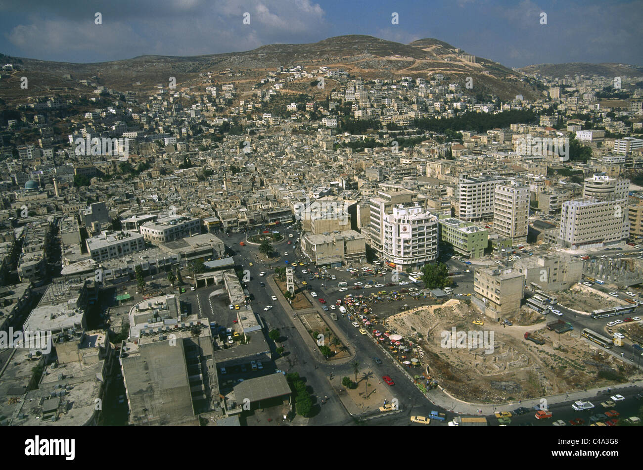 Aerial photograph of the Palestinian city of Nablus in the West Bank ...