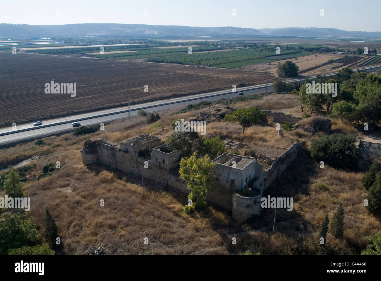Aerial photograph of the ruins of Habonim's castle in the Sharon Stock ...