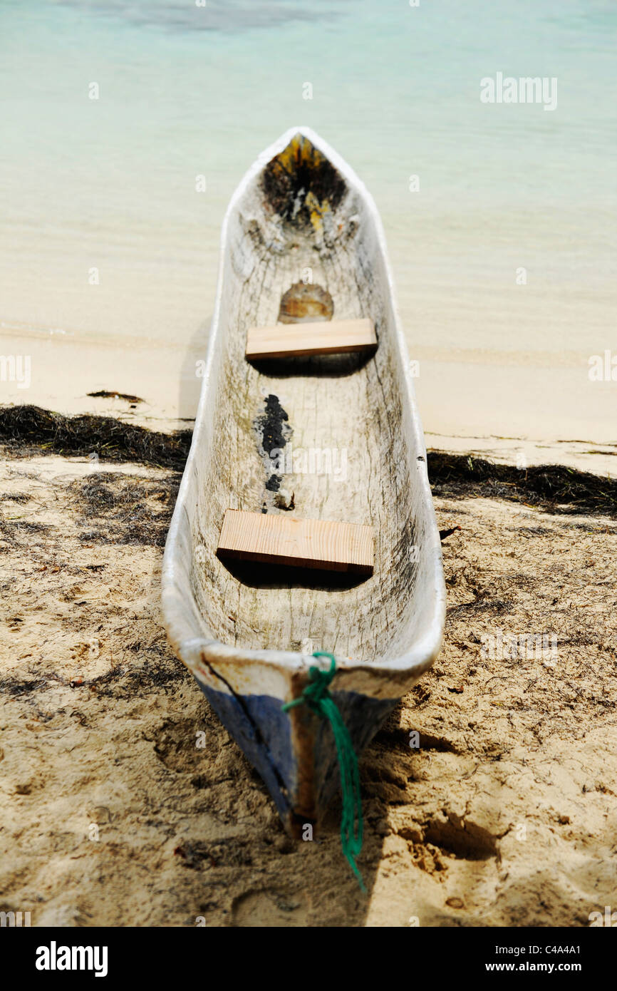 A close-up photo of a dug out boat, the most common form of transport ...