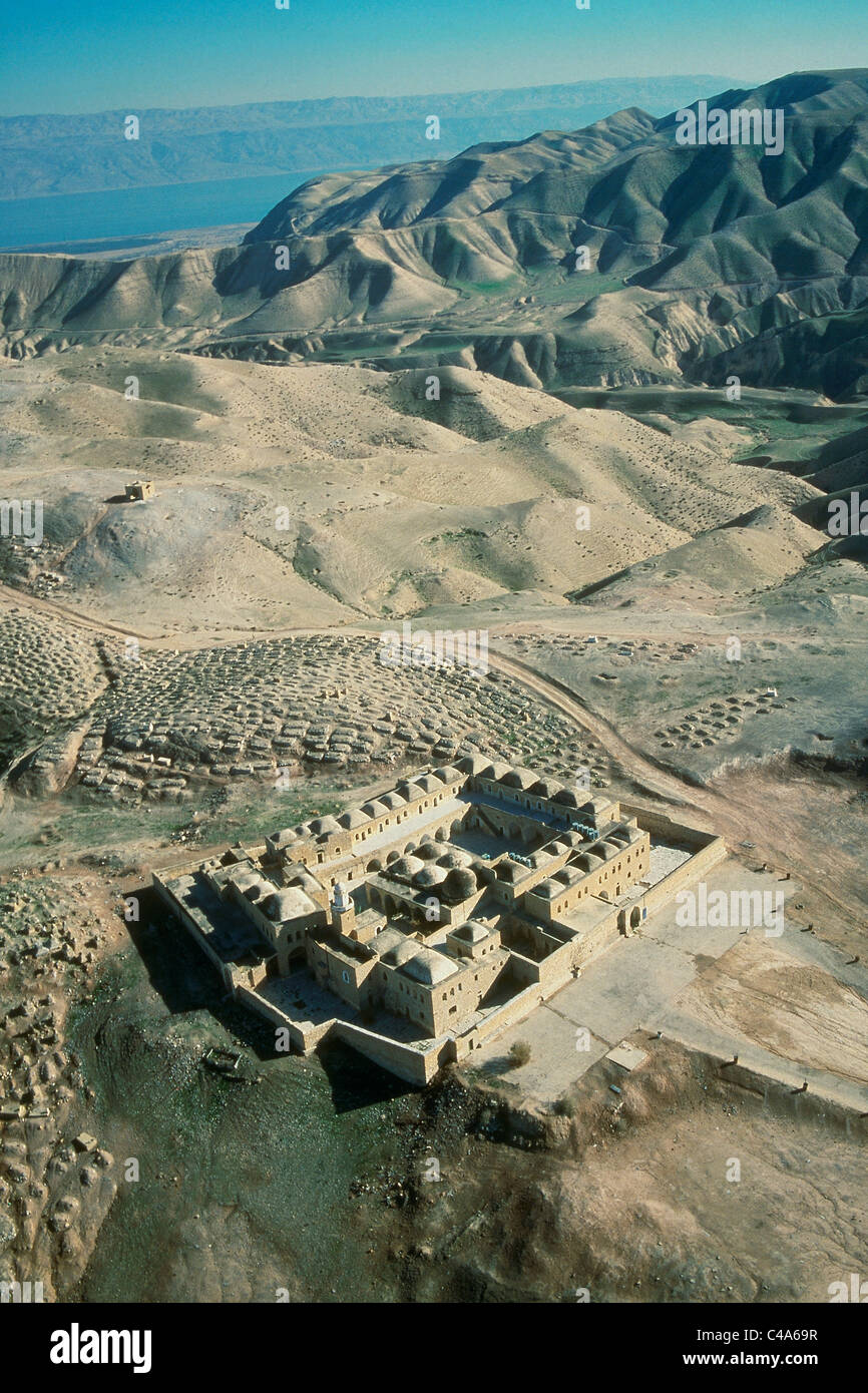 Aerial photograph of the Nabi Musa caravanserai in the Judea desert ...