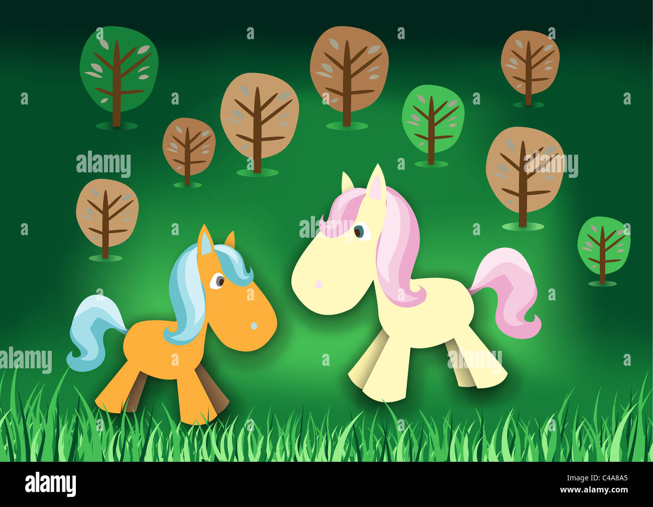 Vector illustration of a fairytale pony in forest Stock Photo - Alamy