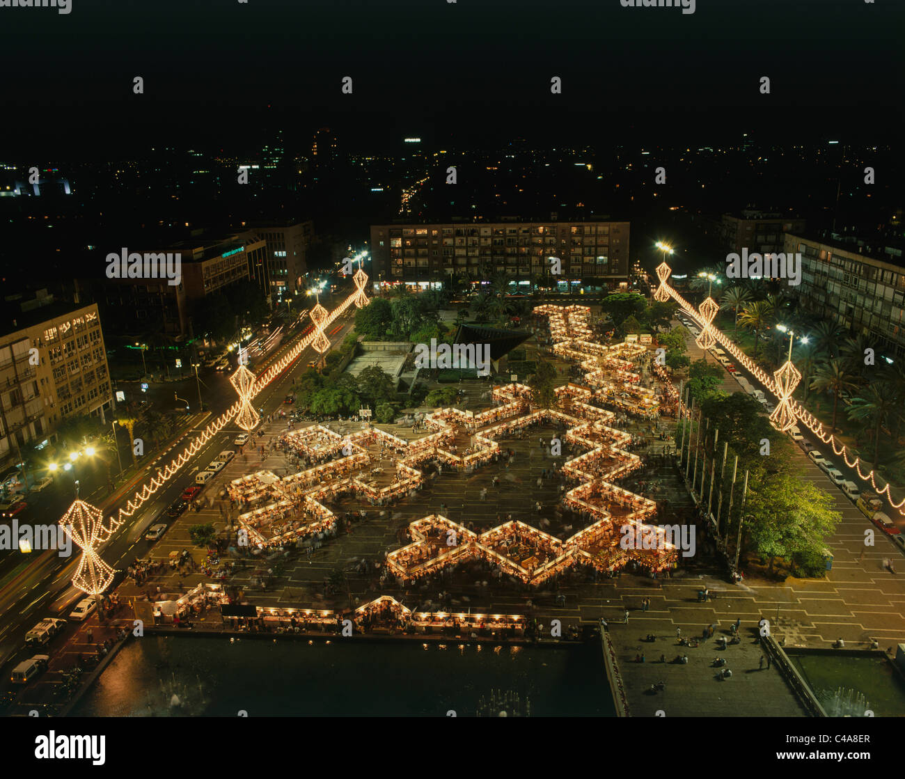 Night image of the Israeli annual Book fair at the Rabin square in Tel ...