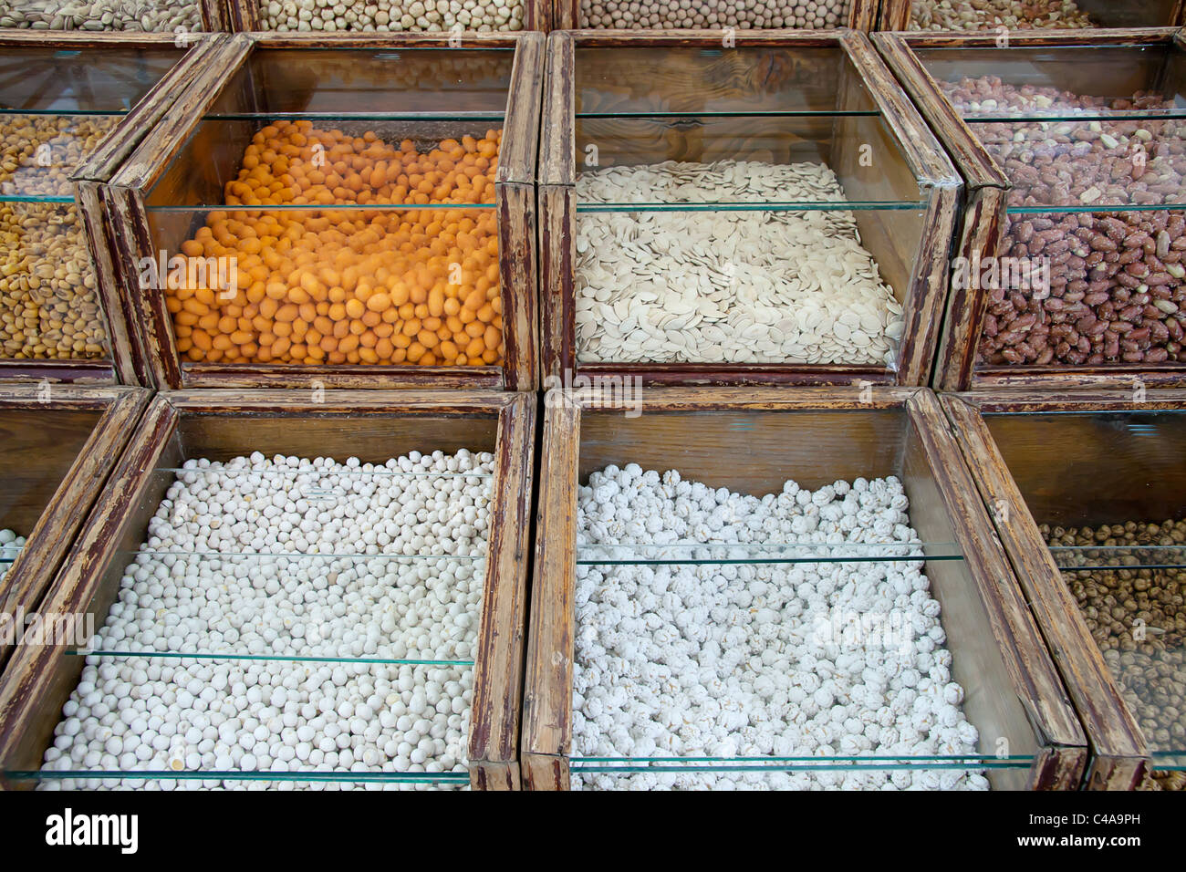 Several kind of traditional turkish nuts kept in glass panes Stock ...