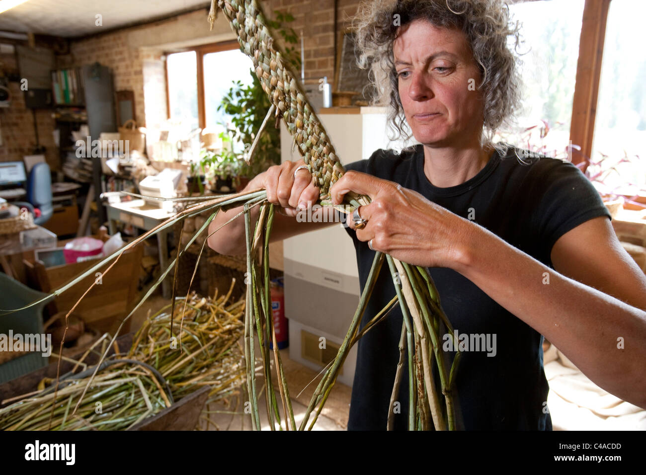 Felicity Irons of Rushmatters, weaving rush matting nr Huntingdon Stock ...