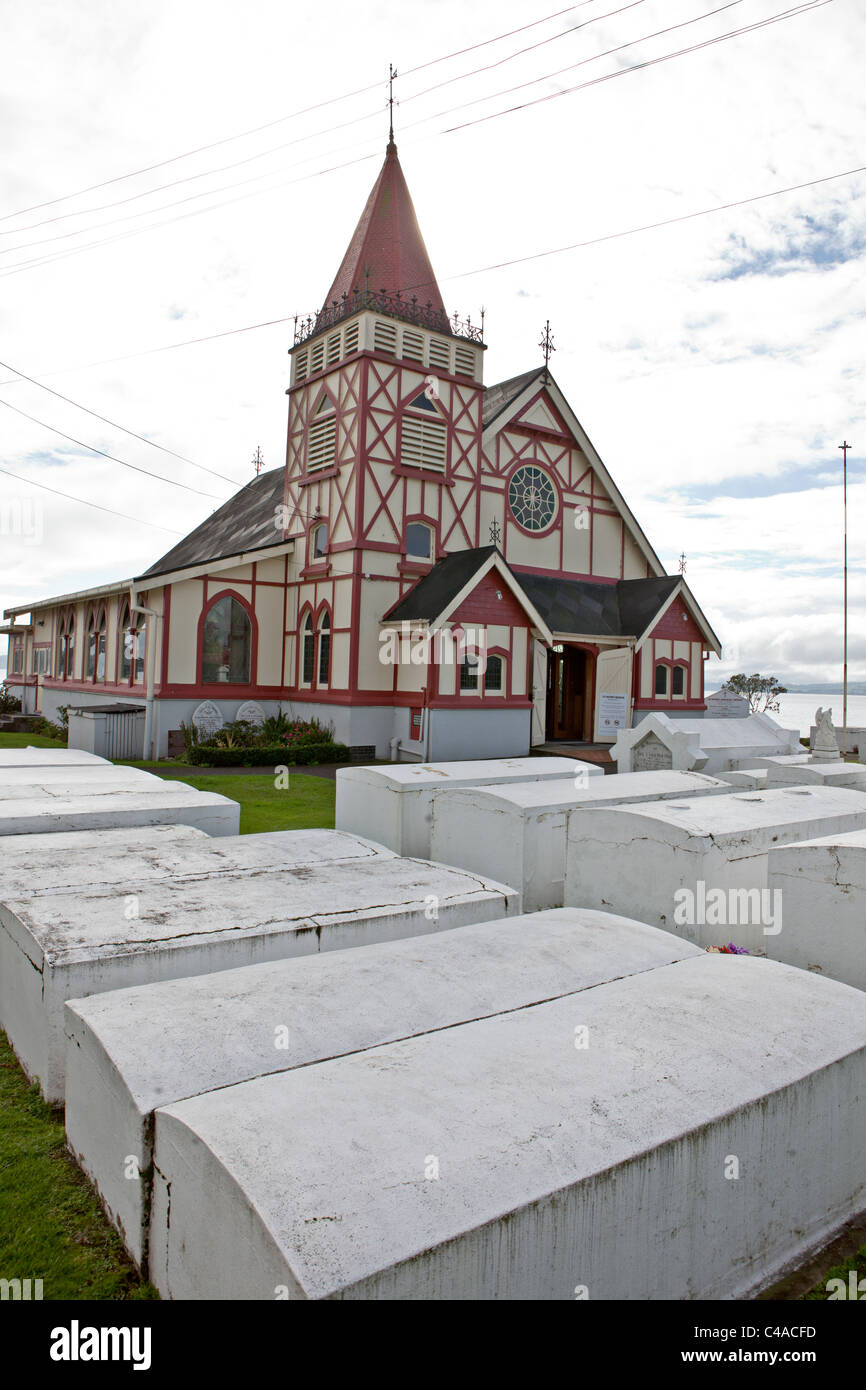 Rotorua Saint Faith anglican maori church with ANZAC graveyard , north ...