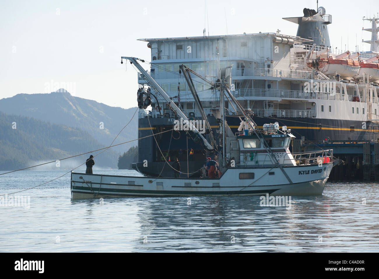 Prince William Sound, Alaska. Salmon boats fish near the ferry dock in ...