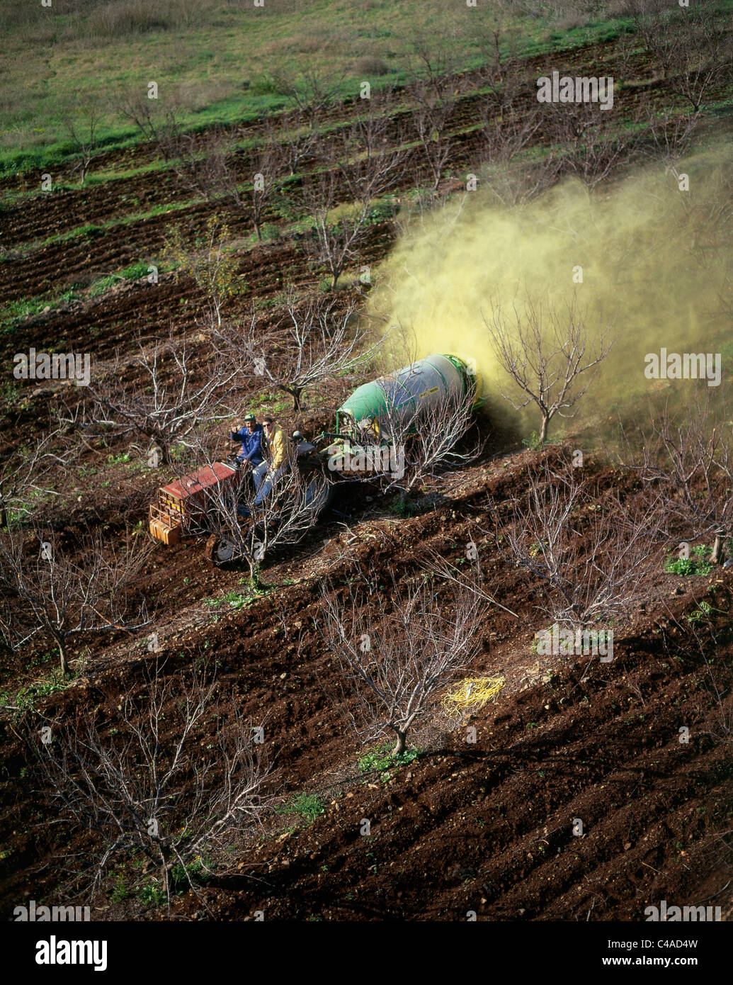 Aerial photograph of two farmers dusting a plantation in the Upper ...