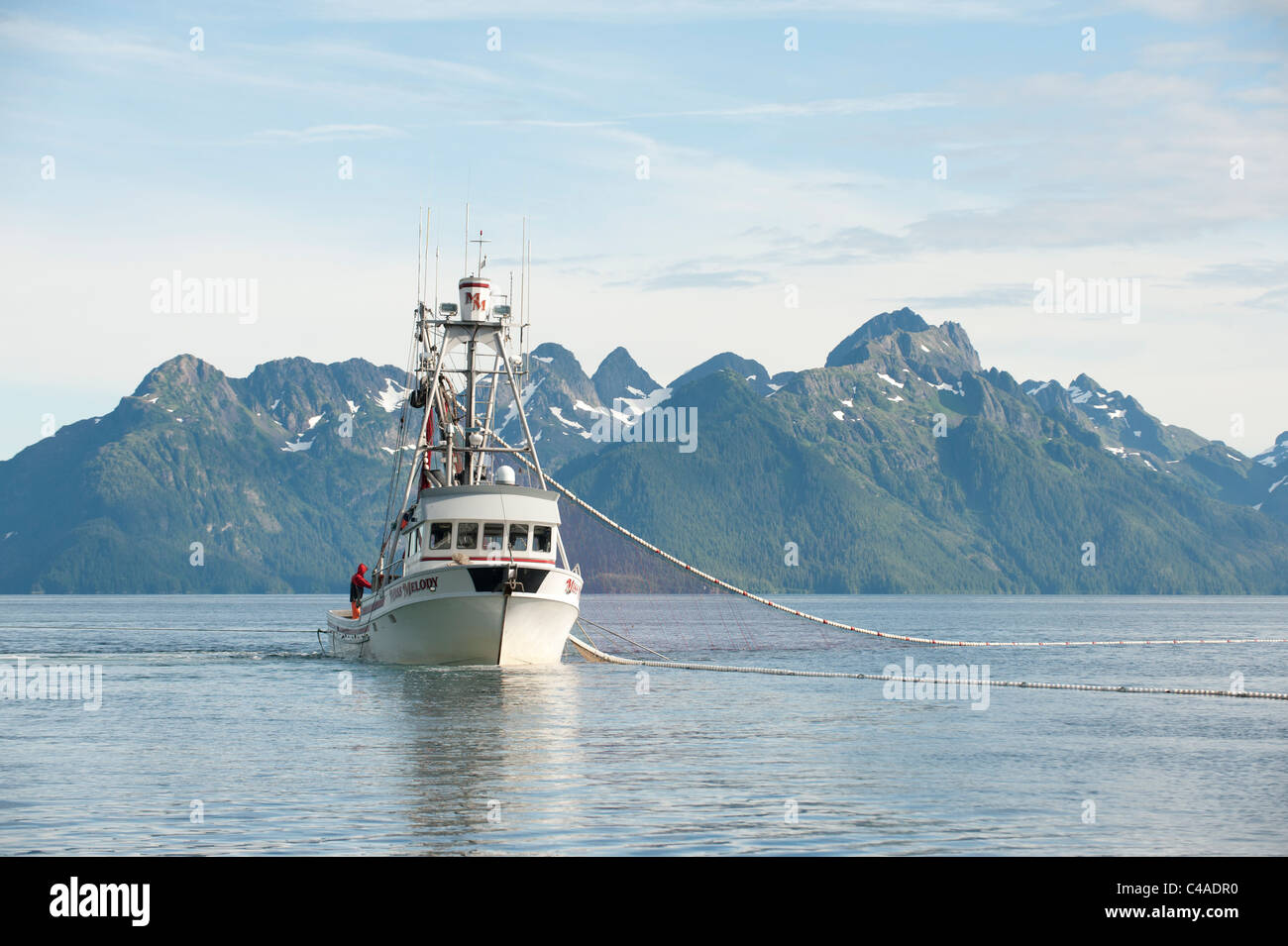 Prince William Sound, Alaska. Boats fish for Pink salmon on a beautiful ...