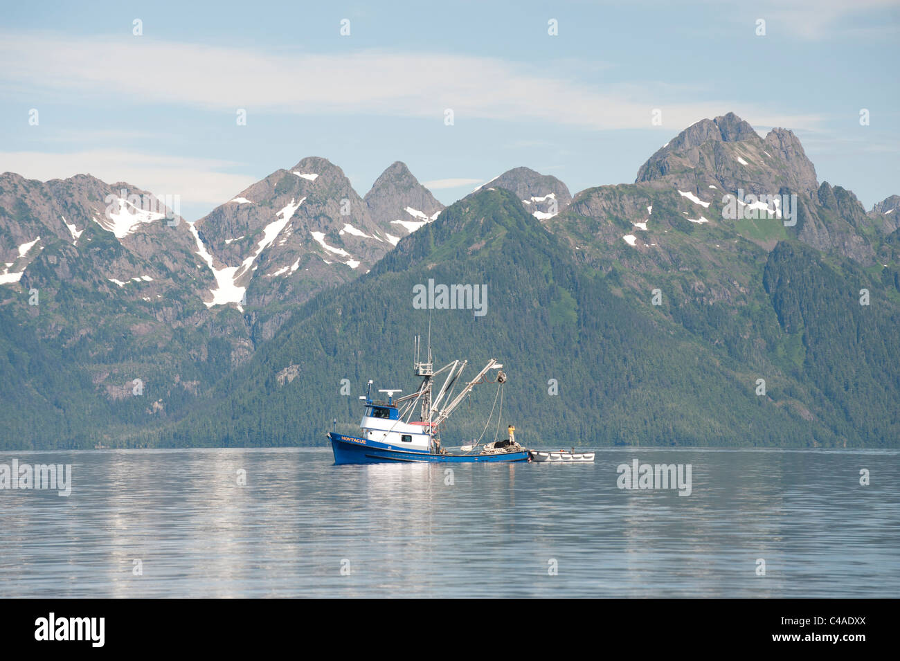 Prince William Sound, Alaska. Boats fish for Pink salmon on a beautiful ...