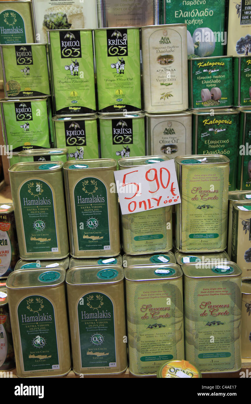Typical Greek products displayed at indoor market in Chania, Crete ...
